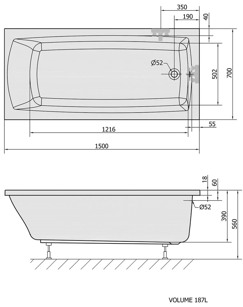 Polysan LILY SLIM obdélníková vana 150x70x39 cm, bílá, 72273S