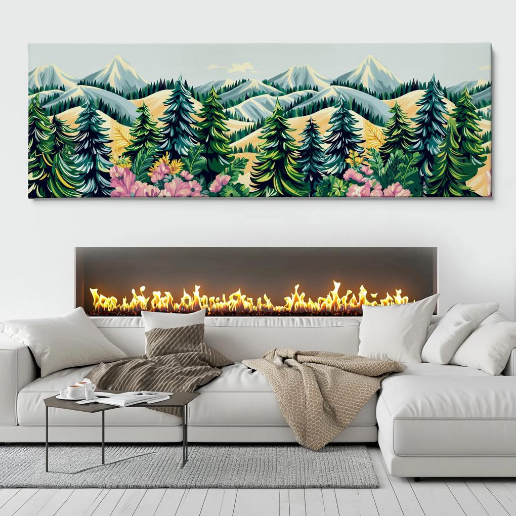 Obraz na plátně - Útulné lesy a sněžné hory FeelHappy.cz Velikost obrazu: 150 x 50 cm
