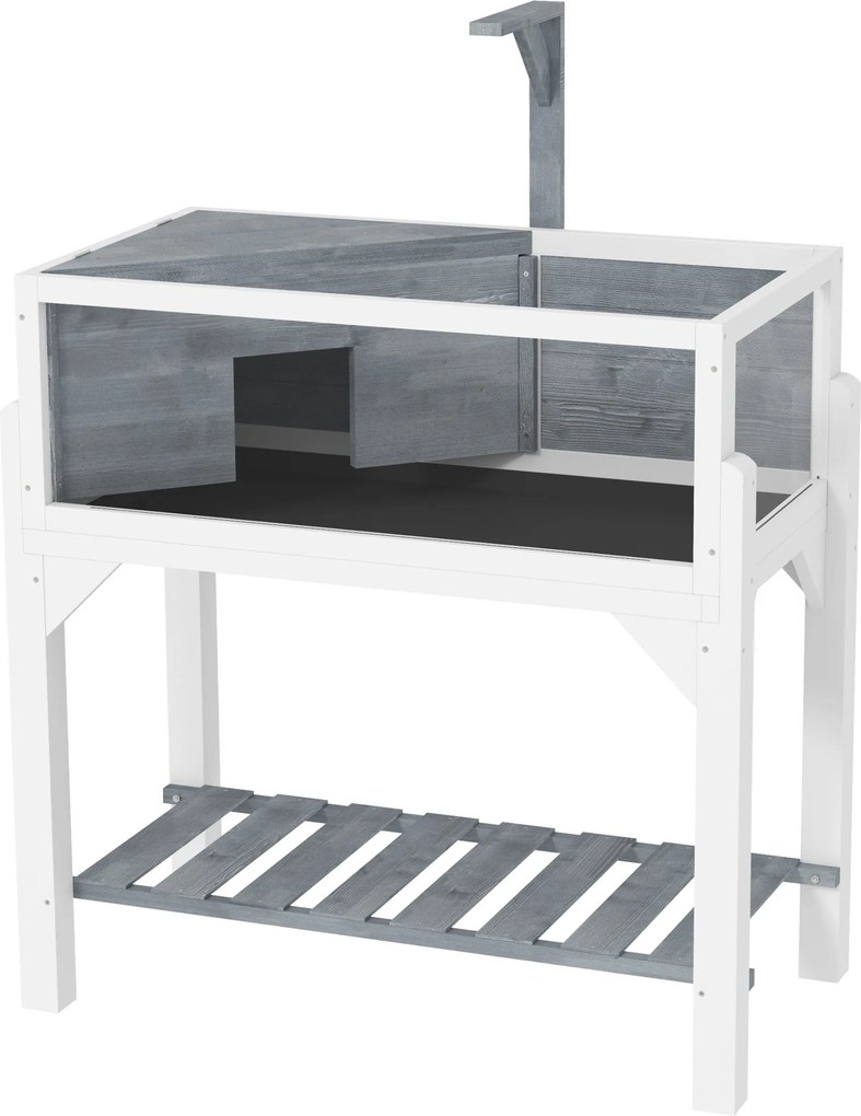 PawHut zvýšený dům pro želvy s 2 zónami, otevíracím víkem, držákem na lampu a panoramatickým výhledem – 84,5 × 47,5 × 90 cm (šedý)