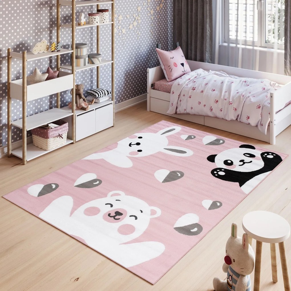 Dětský koberec PINKY Bear Panda Rabbit růžový - 80x150 cm