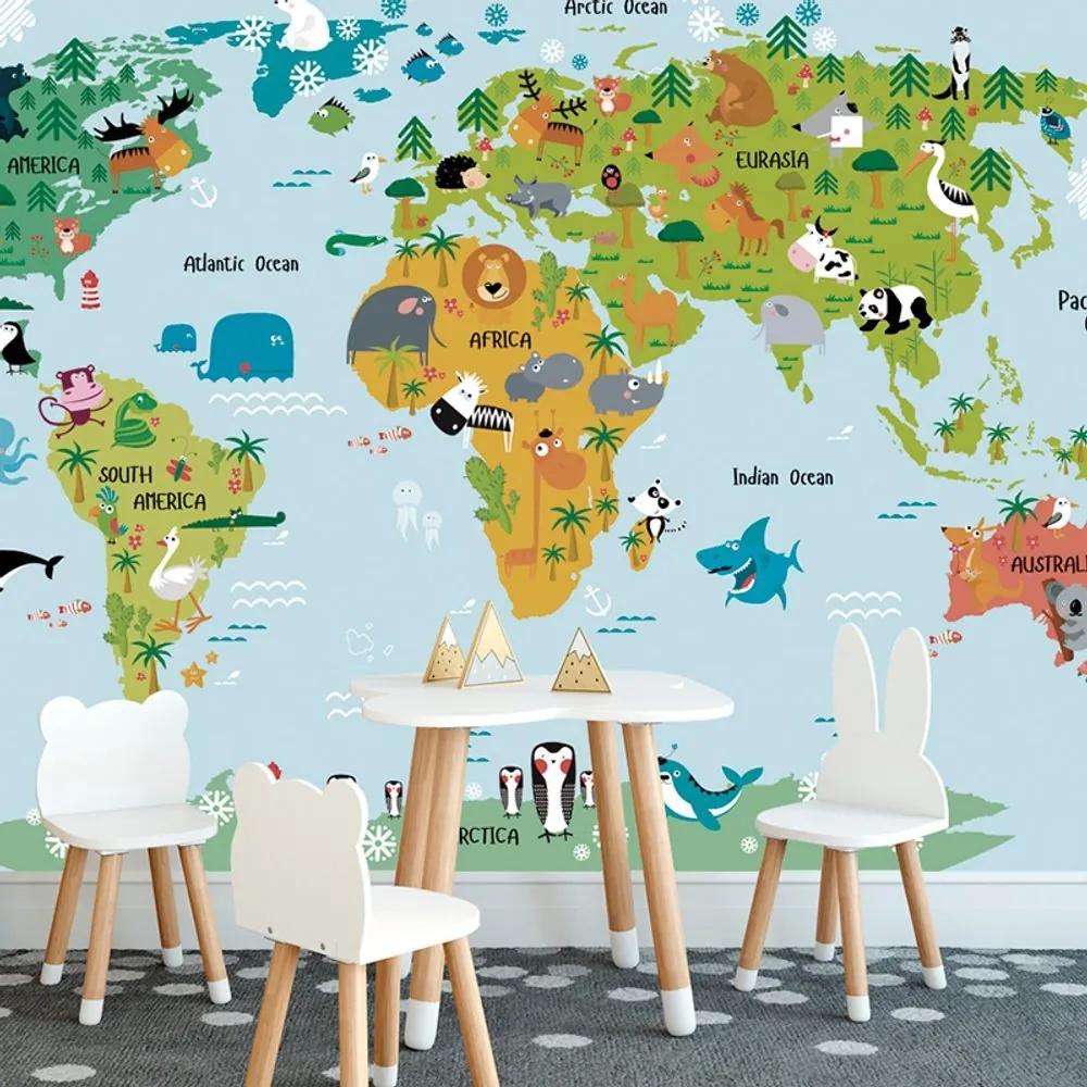 Tapeta dětská mapa světa se zvířátky - 225x150 cm