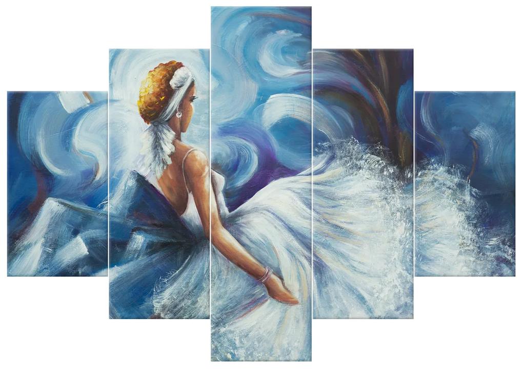 Gario Ručně malovaný obraz Modrá dáma během tance - 5 dílný Rozměry: 150 x 105 cm