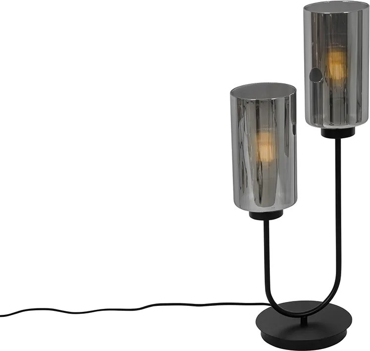 Stolní lampa v Art Deco stylu černá s kouřovým sklem 2-světlo - Laura Biano.cz