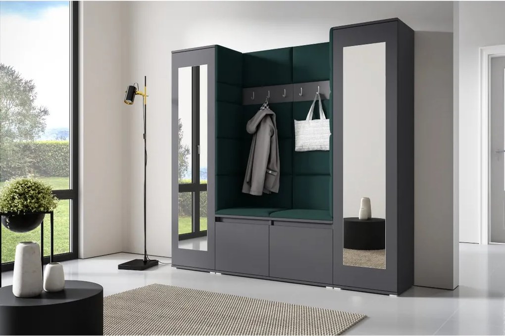 Eka Předsíňová stěna s čalouněnými panely Trinity 31 - Grafit / Tmavá zelená 2328