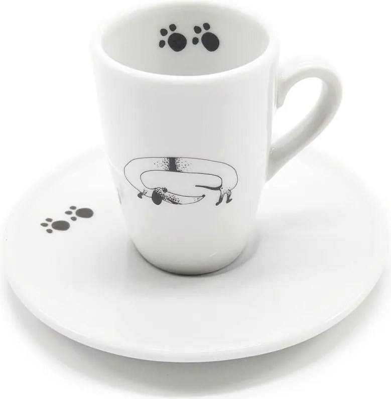 Porcelánový espresso šálek Jezevčík s podšálkem, 130 ml – s ručně malovanou perokresbou, český autorský design