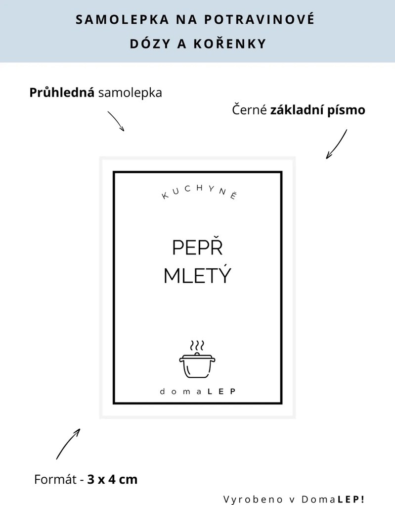 Samolepka na kořenky PEPŘ MLETÝ průhledná 3 × 4 cm základní písmo