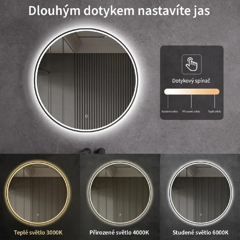 CERANO - Koupelnové LED zrcadlo Vito, kovový rám - černá matná - Ø 60 cm