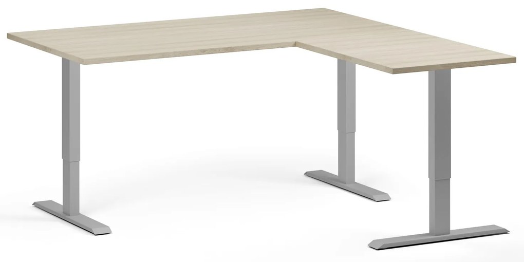 Rohový výškově nastavitelný stůl, 160x160 cm, 3 motory, L/P, šedá podnož, dub přírodní