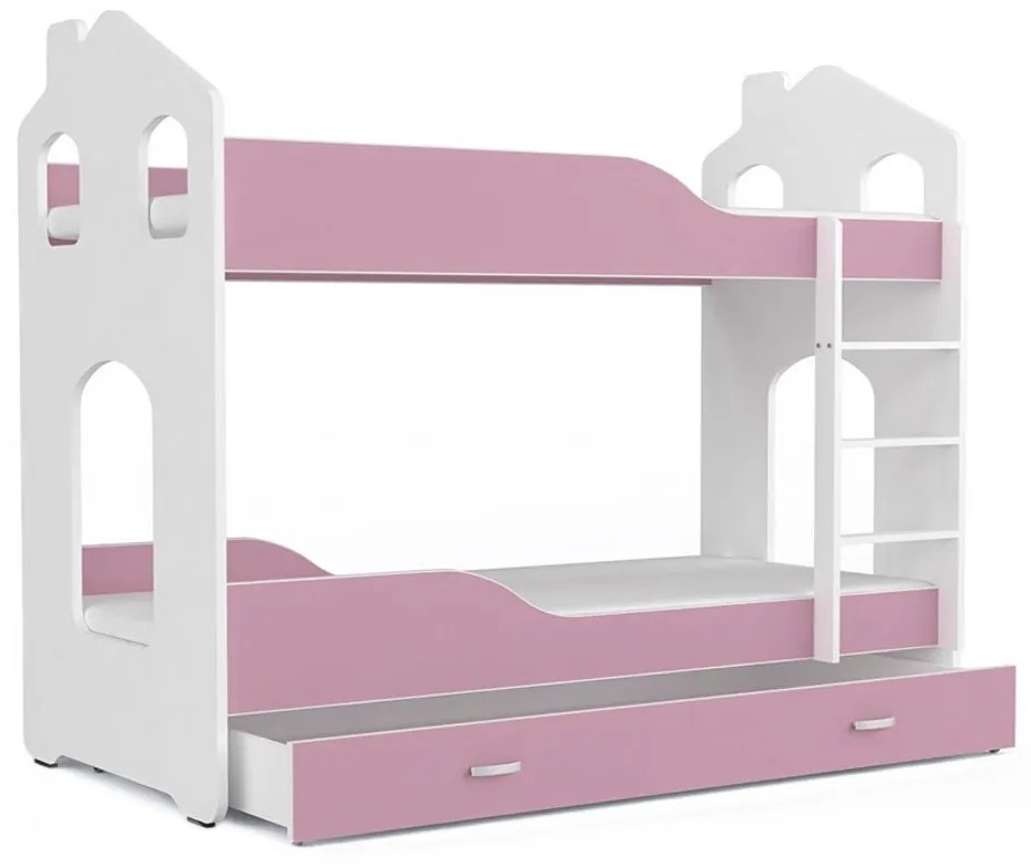 Expedo Dětská patrová postel PATRIK 2 Domek + matrace + rošt ZDARMA, 190x80, bílá/růžová