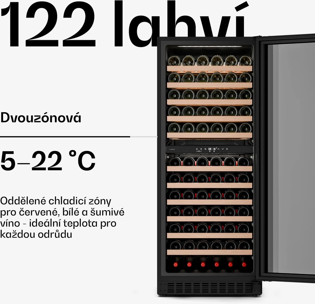 Klarstein Velaire vestavná vinotéka | Moderní, elegantní | Ochrana proti UV | Dvě zóny | 122 lahví