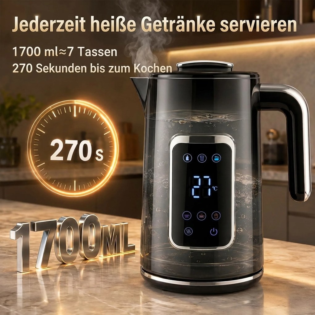 HOMCOM rychlovarná konvice 1,7 l, 2200 W, s LED displejem, nastavitelnou teplotou, funkcí udržování tepla, černá