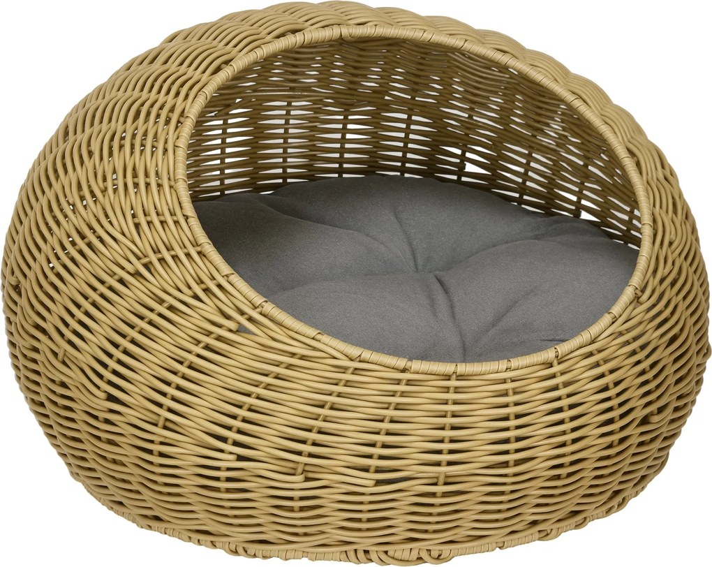 PawHut Ratanový košík pro kočky s polštářem, kočičí dům pro kočky do 4 kg, pelíšek s kočičí jeskyní, vnitřní použití, PE ratan, Ø50 x 31 cm, Světle hn