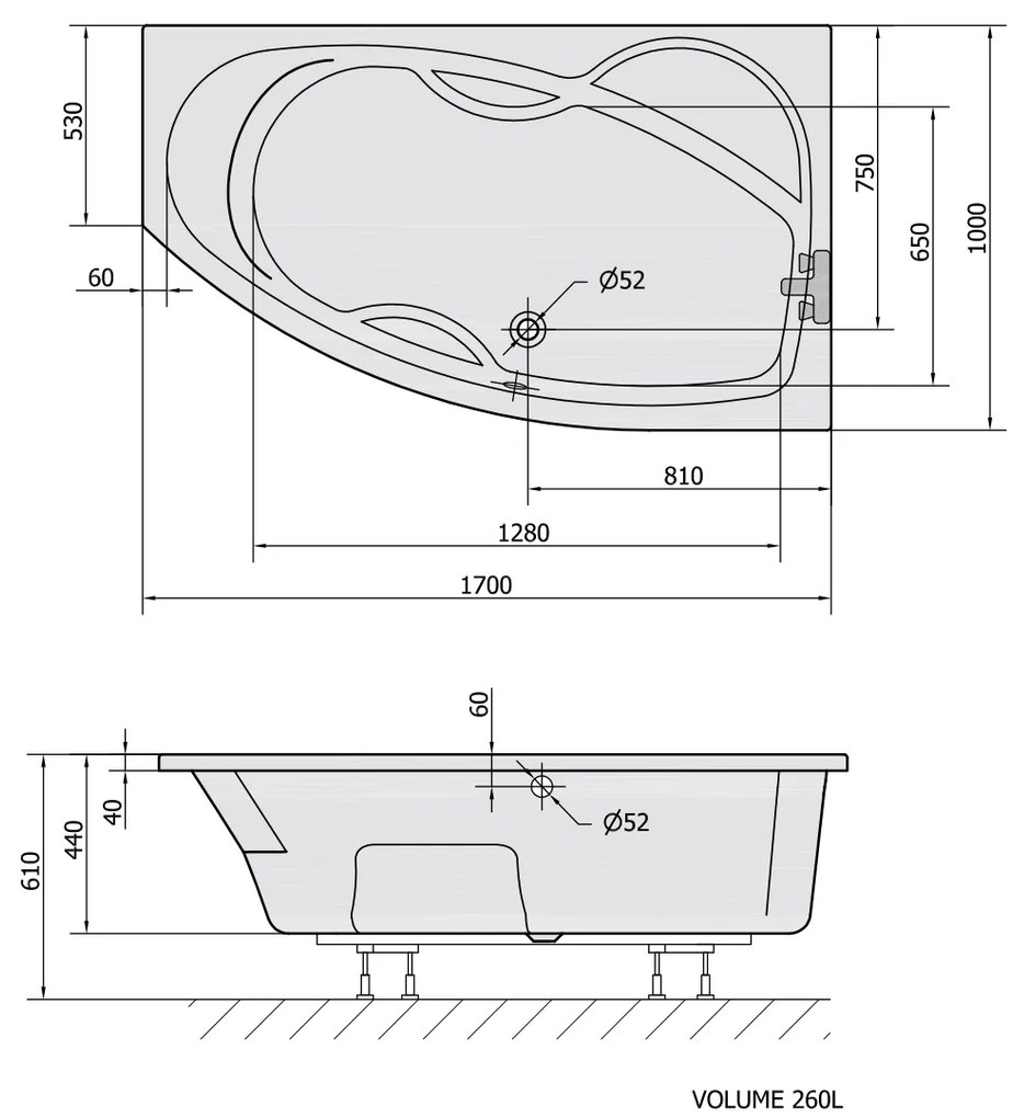 Polysan MAMBA R asymetrická vana 170x100x44 cm, bílá, 77111