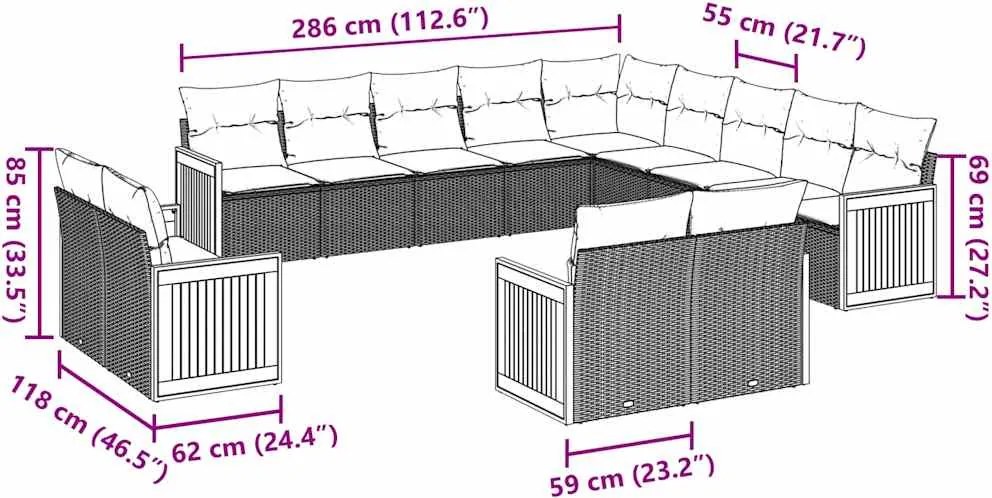 13dílný zahradní sedací souprava s poduškami černý polyratan 3260607