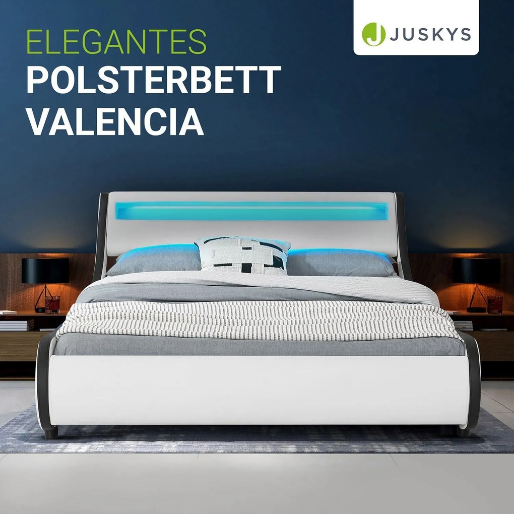 Juskys Čalouněná postel Valencia s LED osvětlením Barva: Bílá, Velikost: 140 × 200 cm