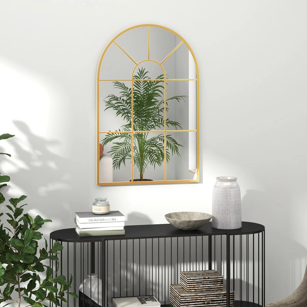 HOMCOM nástěnné zrcadlo okenní zrcadlo 91 x 60 cm dekorativní s kovovým rámem závěsné zrcadlo do obývacího pokoje ložnice ve zlaté barvě