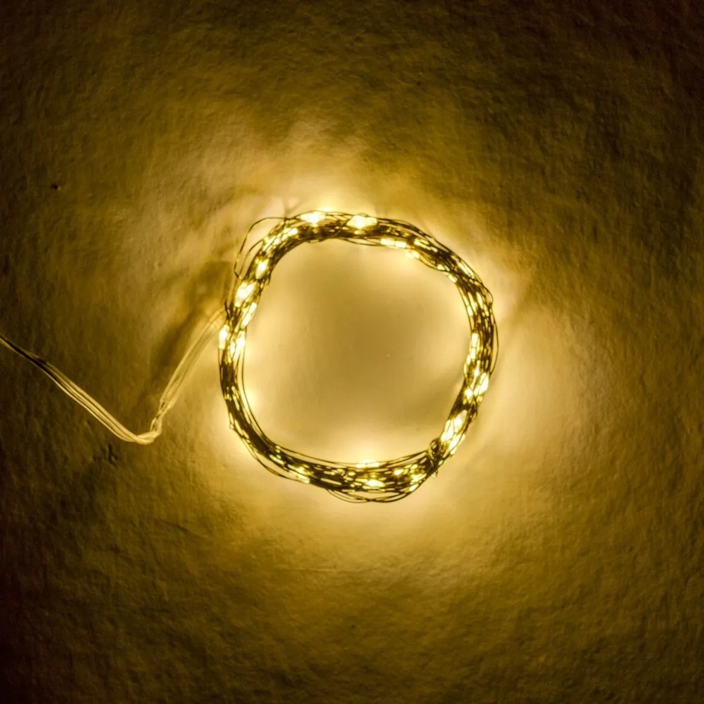 LED světýlka na baterie, kapičky, 5,3 m, teple bílá, 50 diod, zelený drátek, IP44, venkovní, 3 × AA