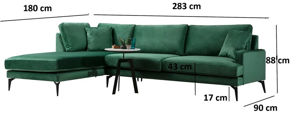 Designová rohová sedačka Fenicia 283 cm zelená - levá