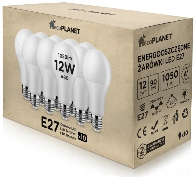 10x LED žárovka - ecoPLANET - E27 - 12W - 1050Lm - studená bílá