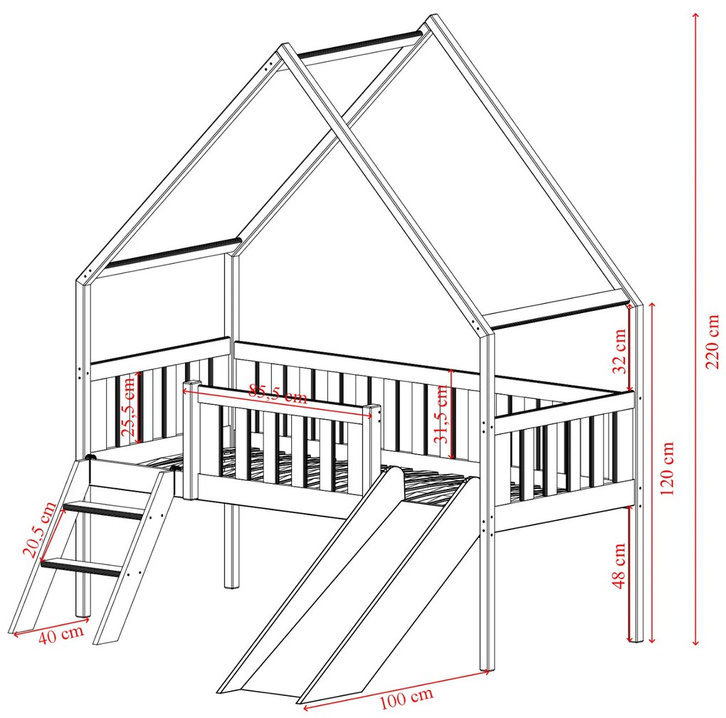 Legno Dětská postel ve tvaru domku se skluzavkou Angel 80x180 borovice