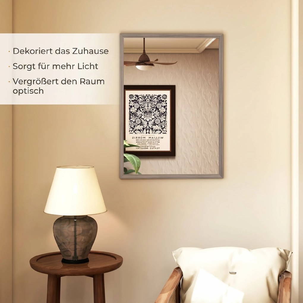 HOMCOM zrcadlo na stěnu 50 × 70 cm – obdélníkové dekorativní závěsné zrcadlo do ložnice, koupelny, obýváku a předsíně, šedý rám