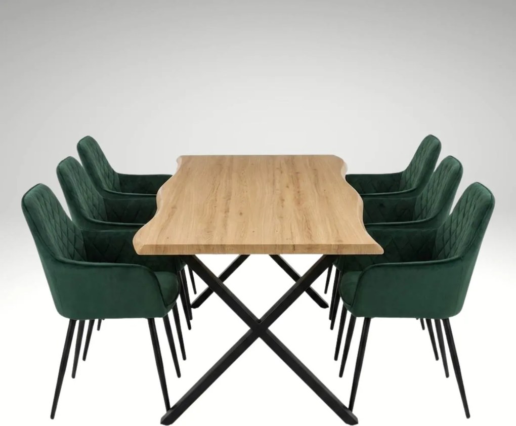 Vikio Jídelní set pro 6 osob 180x90 cm soft dub noha X zelená židle s područkami VJS228-6Z