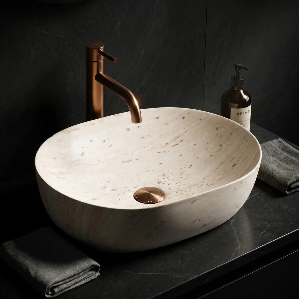 Keramické umyvadlo na desku REA Amelia Travertine Classic 48x34,5 cm, imitace kamene