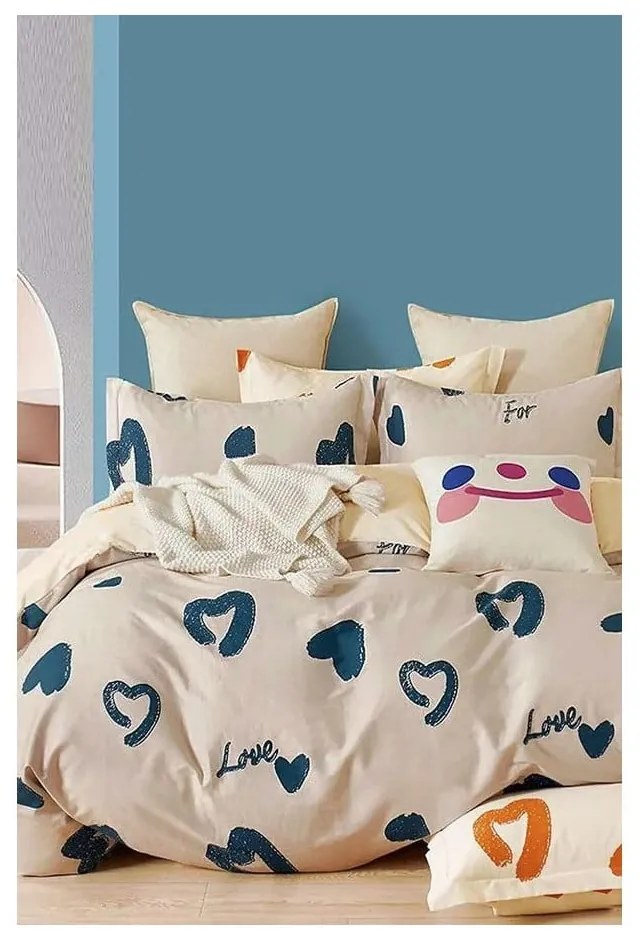Béžové prodloužené povlečení na jednolůžko z bavlny Renforcé s prostěradlem/3dílné 160x220 cm Amore Biano.cz