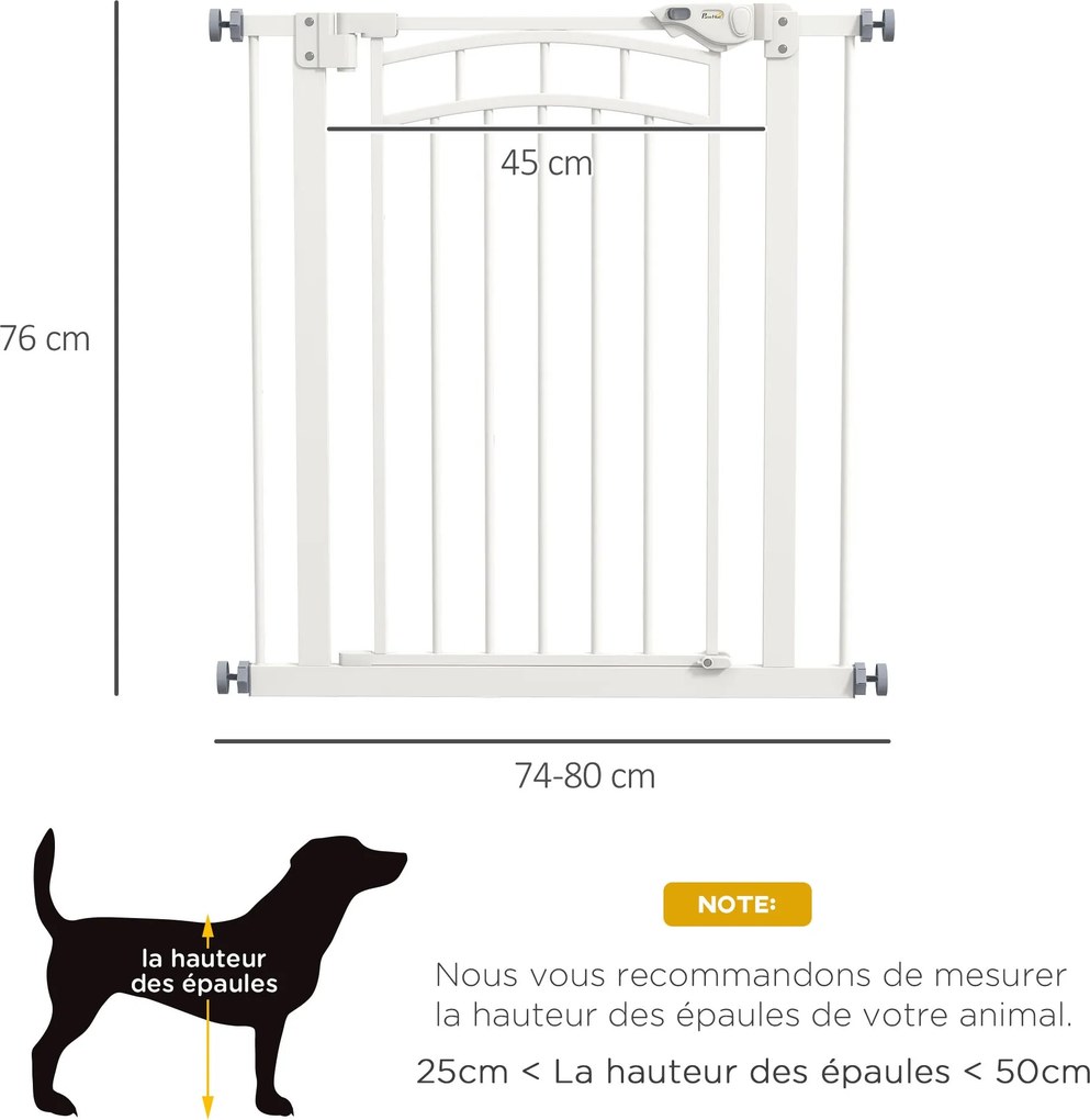 PawHut Rozšiřitelná bezpečnostní brána pro psy 74-80 cm, dvojité zamykání, automatické zavírání, tlaková montáž pro schody, výška 76 cm, bílá