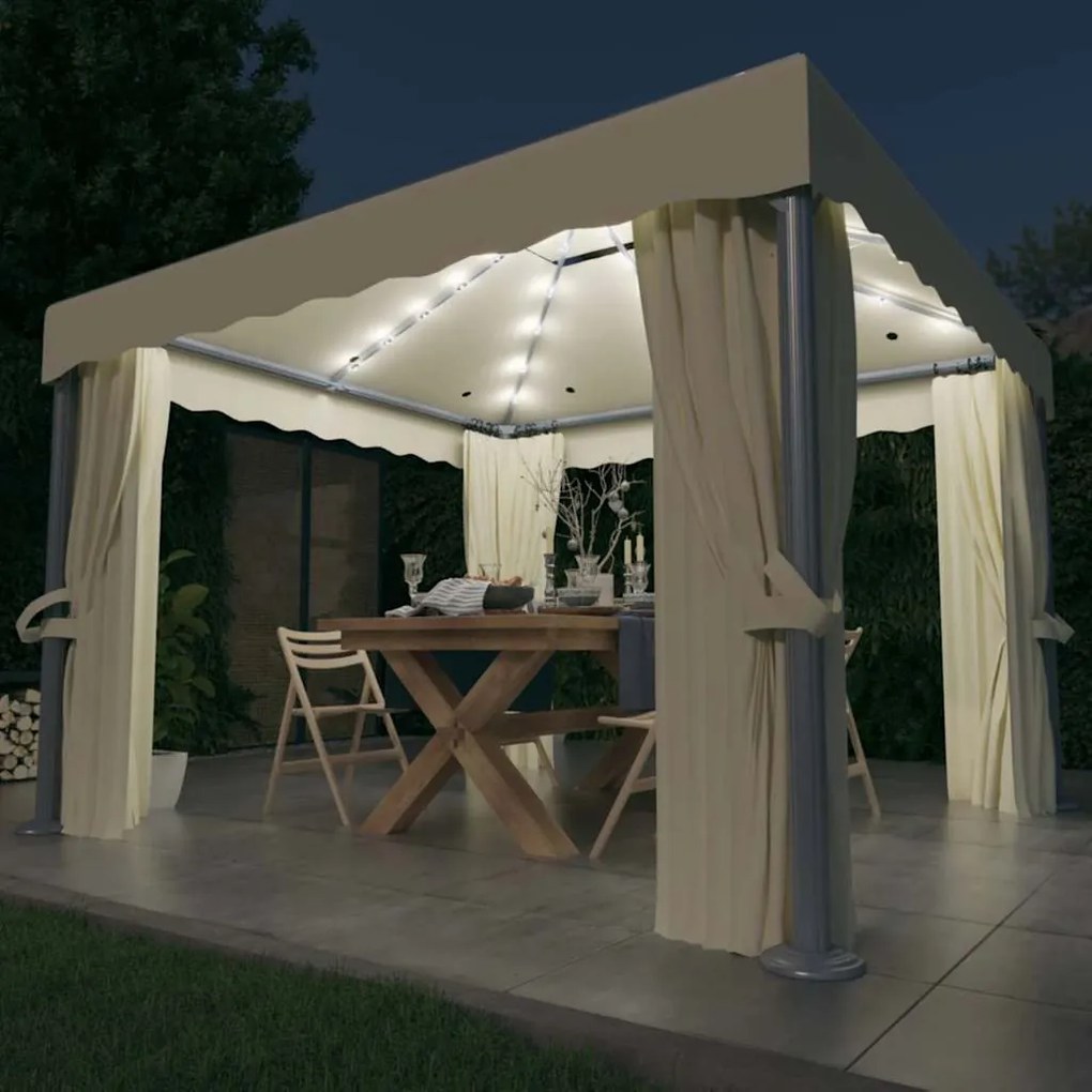 Altán se závěsy a světelnými LED řetězy 3 x 3 m krémově bílý 3070345