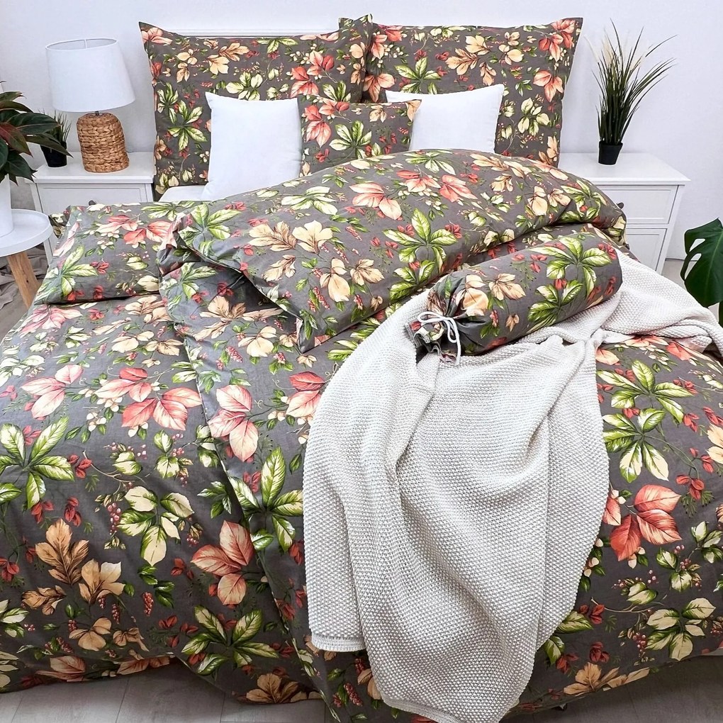 Bavlněné povlečení Podzim šedohnědý Zapínání: knoflík, Velikost polštáře: 70x90, Velikost přikrývky: 140x260