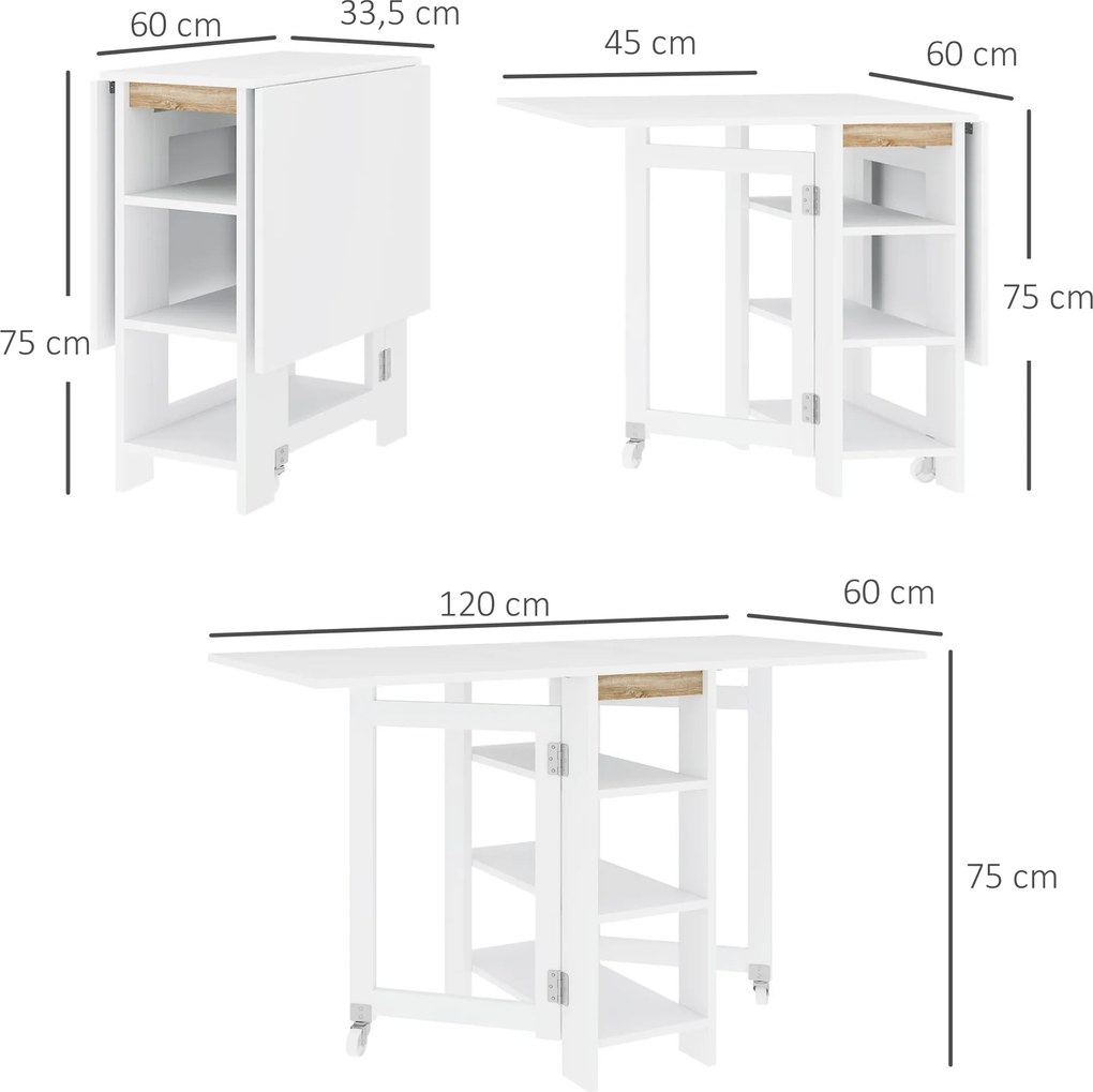 HOMCOM Skládací Stůl s Odepínacími Křídly – Jídelní Stůl Skládací Kuchyňský Stůl s 2 Kolíky a Policemi Moderní Styl 120x60x75 cm Bílá