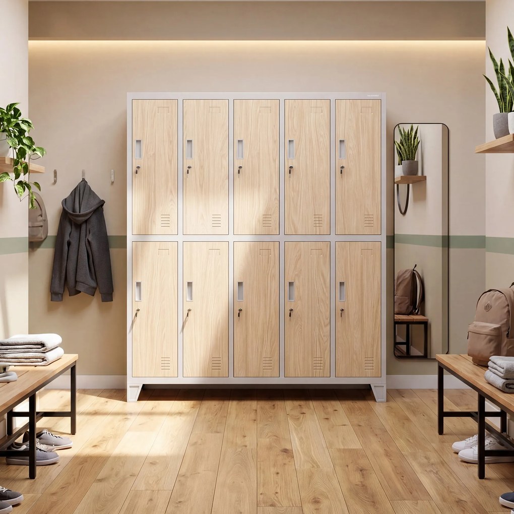 Šatní skříň BOZP 10-dveřová šedá / dub sonoma: Eco Design BARTEK 1360 x 1720 x 450 mm
