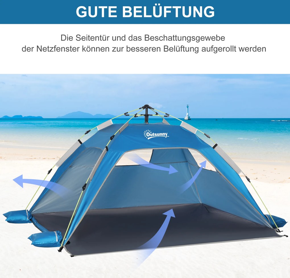 Pop-up-Strandzelt, Fiberglasrahmen, 4 Taschen, Netzfenster, flexibel, Blau