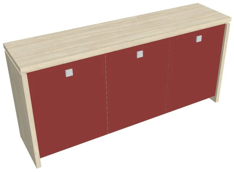 Nízká skříň Verno 188 x 46 x 90 cm, skleněné dveře, akát / červená