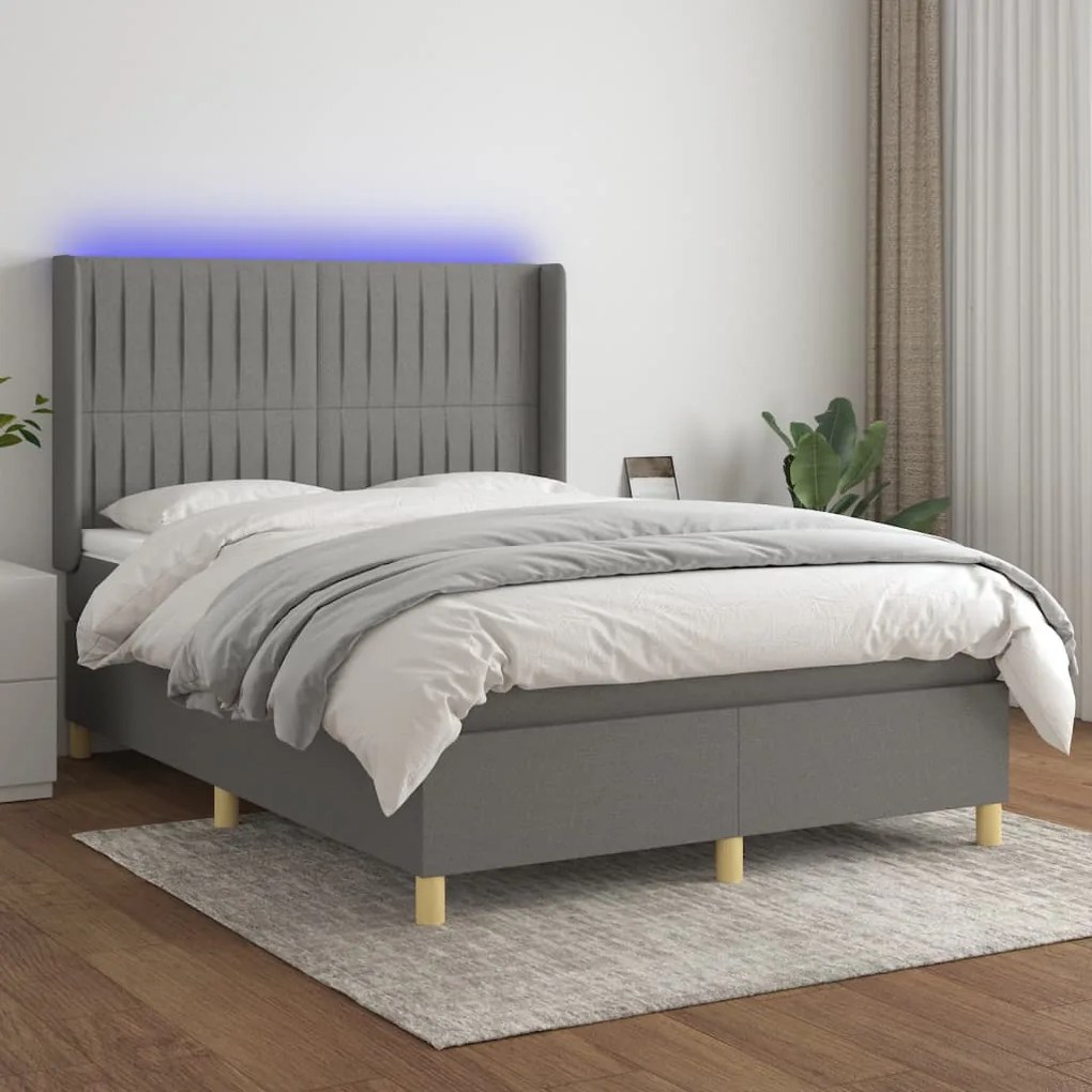 Box spring postel s matrací a LED tmavě šedá 140x200 cm textil 3139038