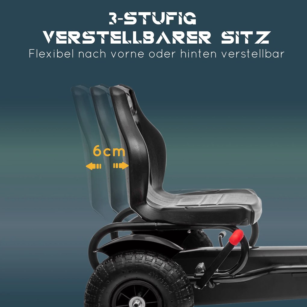 HOMCOM GoKart, šlapací auto, šlapací auto s ruční brzdou, dětské vozidlo s nastavitelným sedadlem, šlapací, kettcar pro 5-12 let, černá