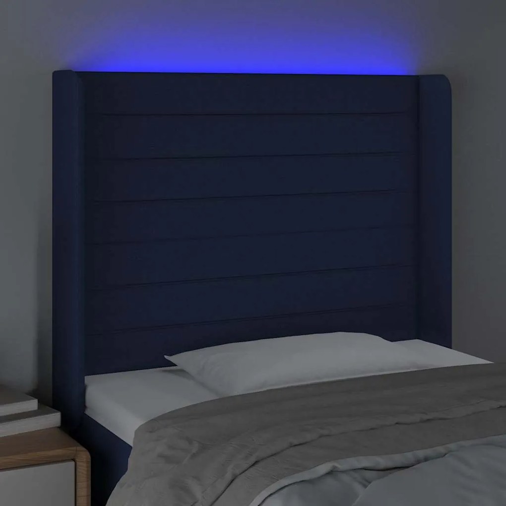 Čelo postele s LED modré 93 x 16 x 118/128 cm textil 3124176