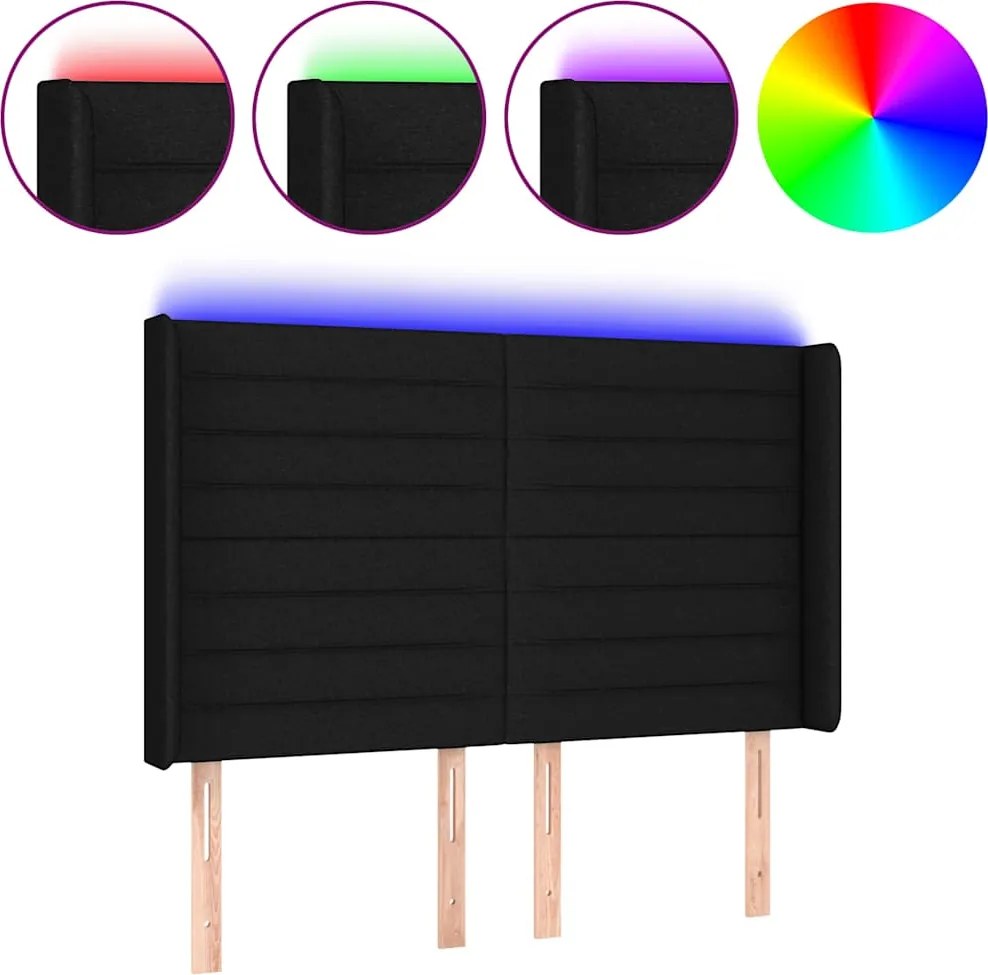 Čelo postele s LED černé 147 x 16 x 118/128 cm textil 3124188