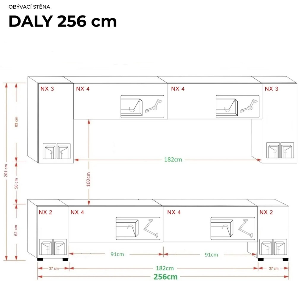 Ral Obývací stěna DALY 4, 256 cm - Černý lesk