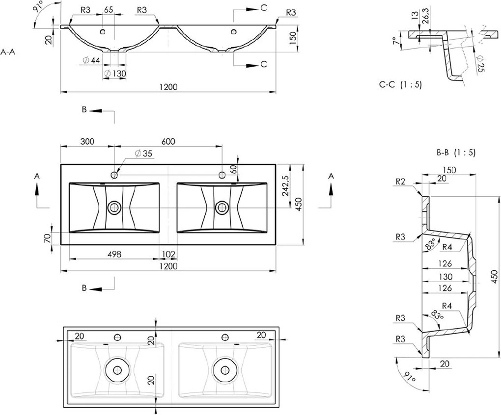 Sapho Sapho, YUKON dvojumyvadlo 120x45cm, litý mramor, bílá, YU120