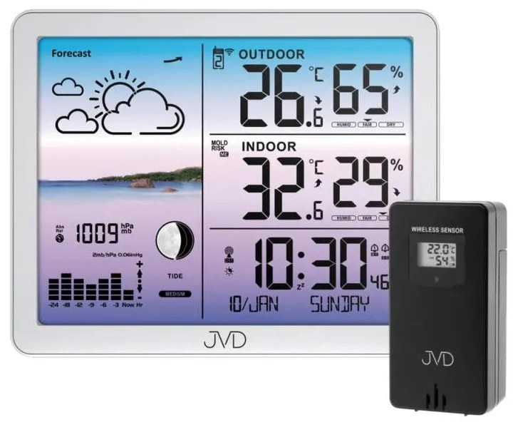 JVD Stříbrná barevná rádiem řízená meteorologická stanice JVD RB3566.2