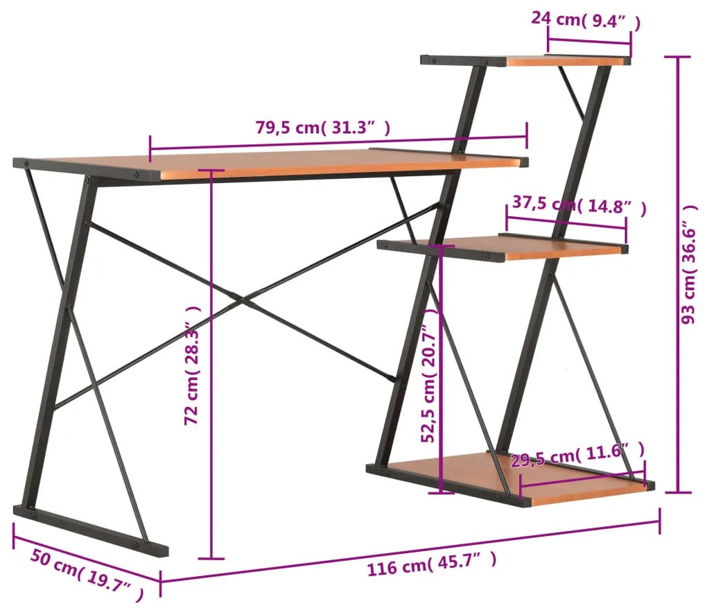 vidaXL Marketos Psací stůl s poličkou černý a hnědý 116 x 50 x 93 cm