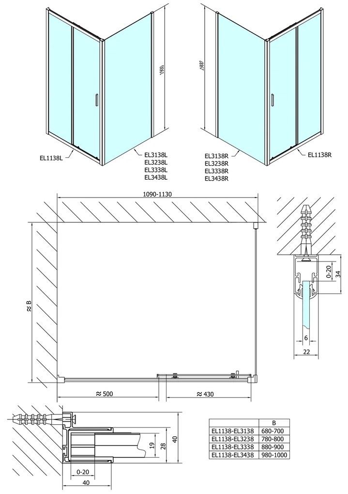 Polysan EASY LINE obdélníkový sprchový kout 1100x1000mm L/P varianta, sklo Brick EL1138EL3438