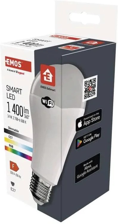 Led žárovka emos chytrá led žárovka gosmart a65 e27 14 w (94 w) 1 400 lm rgb stmívatelná wi-fi