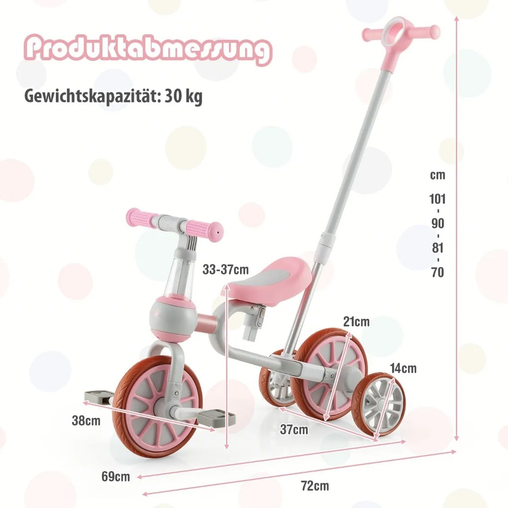 Costway Dětské kolo 4 v 1 předškolní kolo s rukojetí pro rodiče růžové, růžový