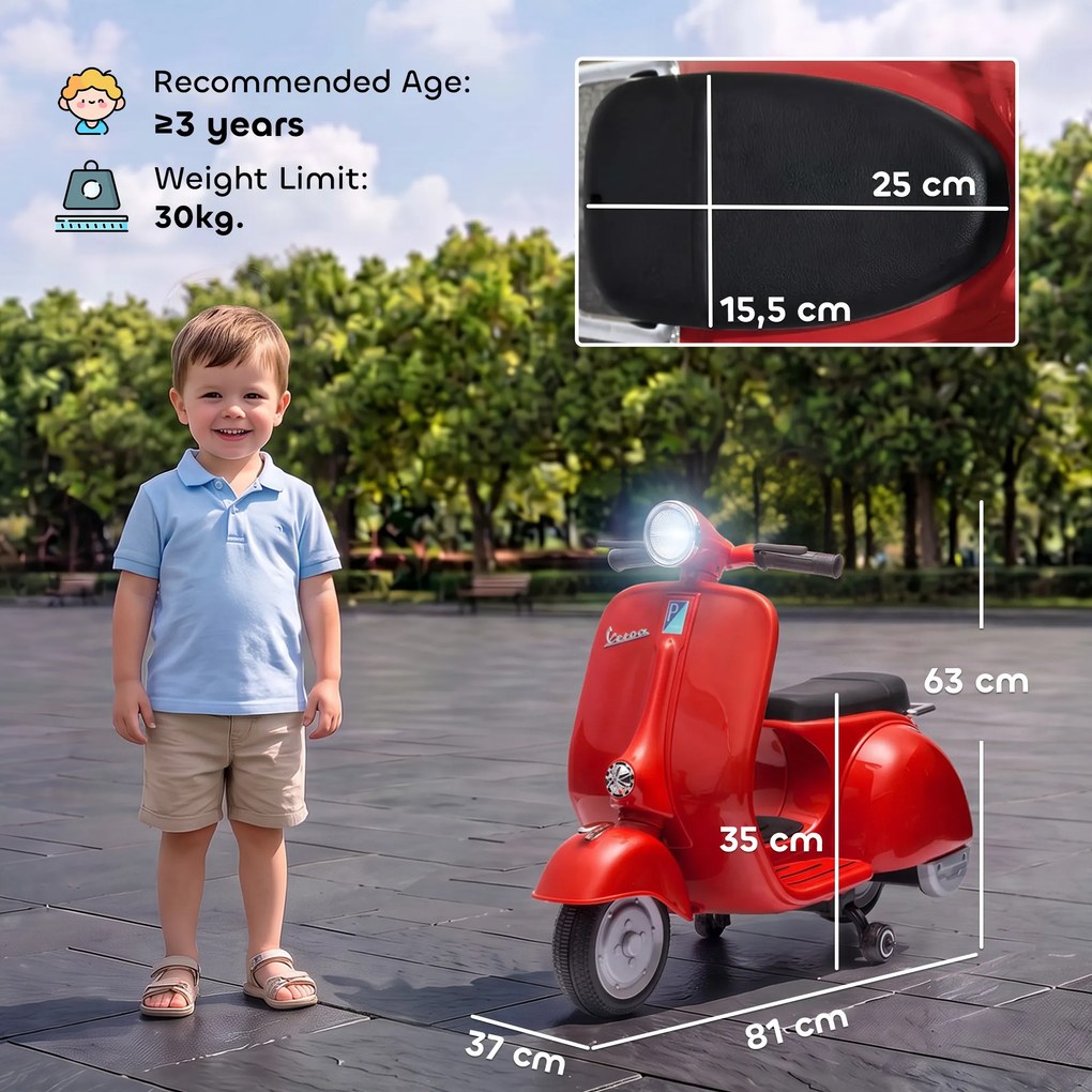 AIYAPLAY elektrická motorka pro děti od 3 let, licencovaná VESPA, 7,2 V, s odnímatelnými pomocnými kolečky, 3-5 km/h, max. 30 kg, červená