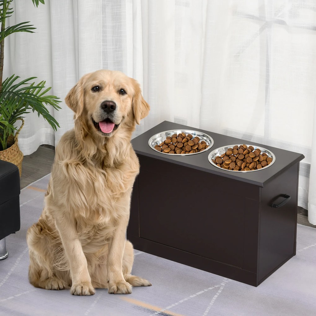 PawHut miska na krmivo pro psy s úložným prostorem 2 misky krmící stanice nerezová miska pro kočky MDF nerezová ocel Espresso 60 x 30 x 41 cm