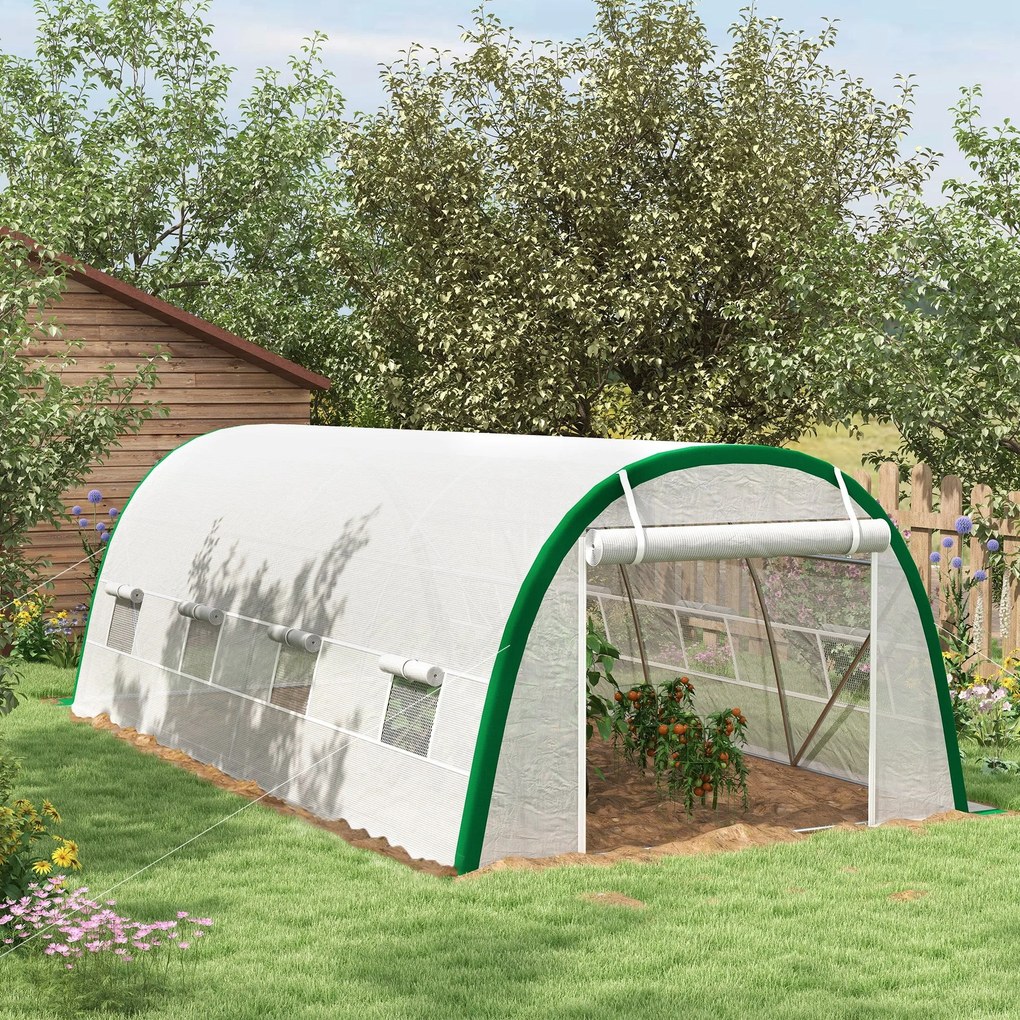 Zahradní tunelová skleník Outsunny 18m² – 6L x 3W x 2H m - 8 oken, zabalovací zipová vrata - Rám z pozinkované oceli, bílý kryt z vysoce hustého PE