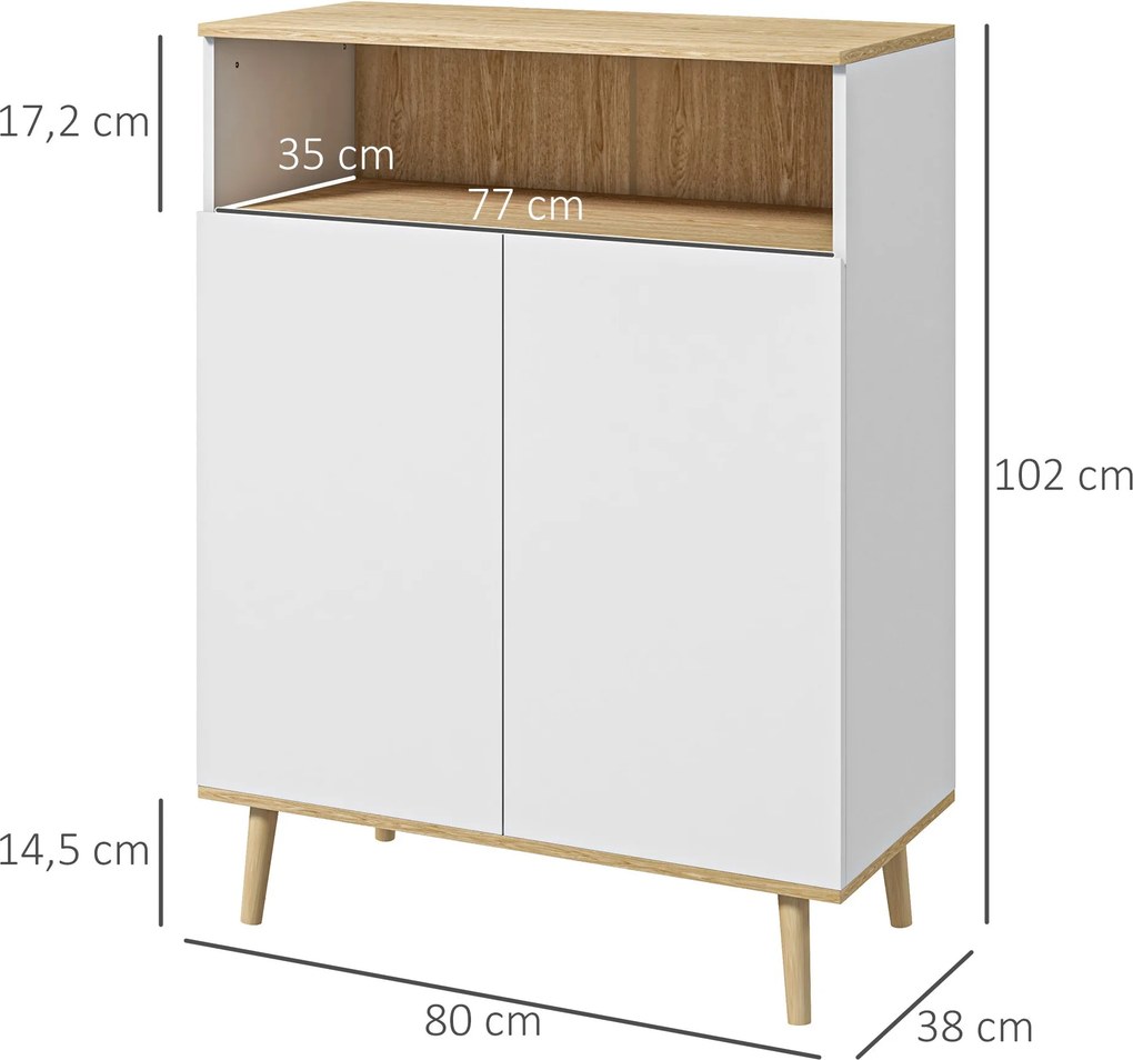 HOMCOM Úložná Skříň, Kuchyňský Buffet, s Nastavitelnou Policí, Skříňka se 2 Dveřmi, 80 x 38 x 102 cm, Skandinávský Design, Korkové Nohy, Bílá a Dřevě…